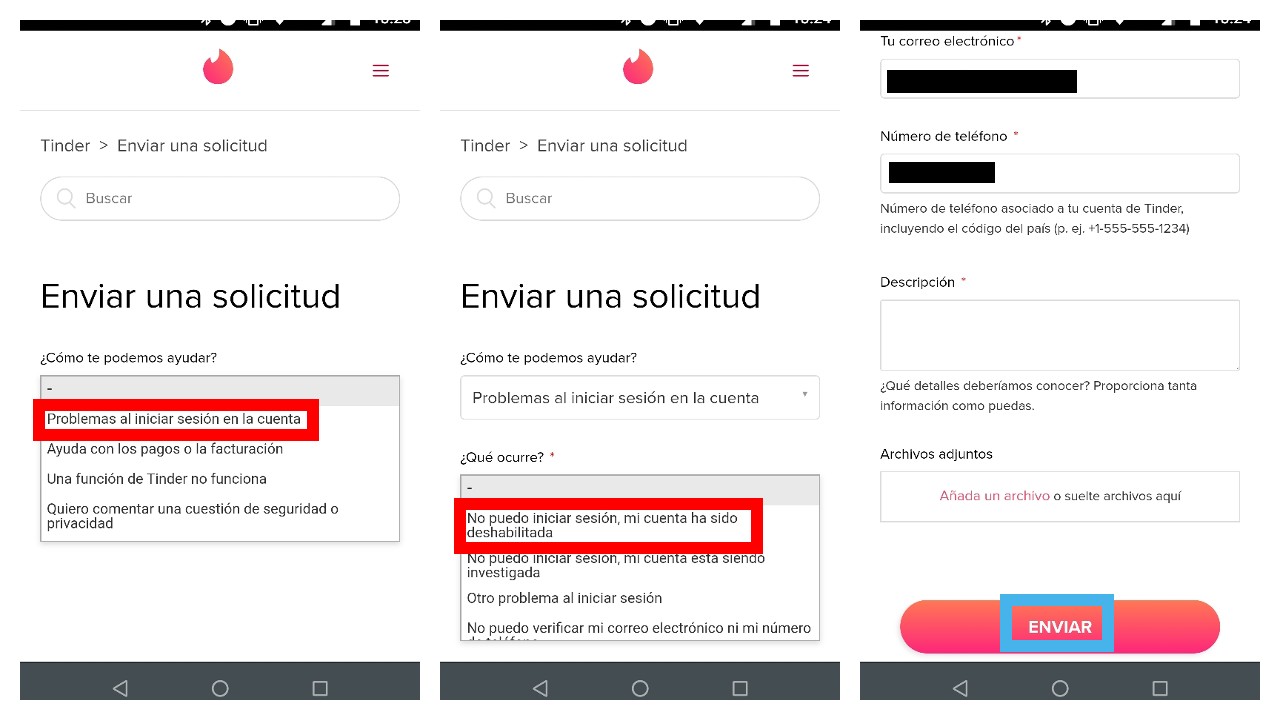 Dónde encontrar el formulario de contacto de Tinder