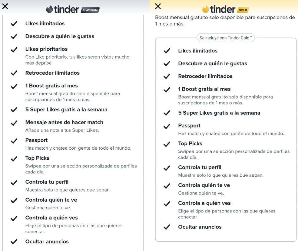 Suscripción Gold vs Platinum en Tinder, ¿cuál merece más la pena?